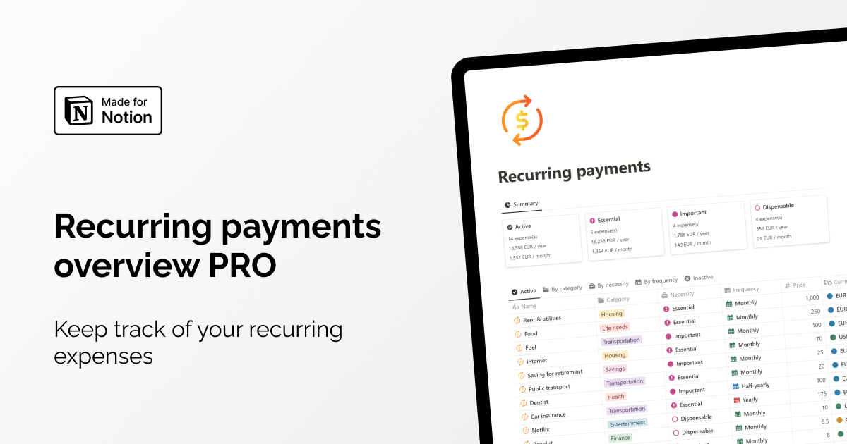 Recurring Payments Overview – Notion template · Notemation
